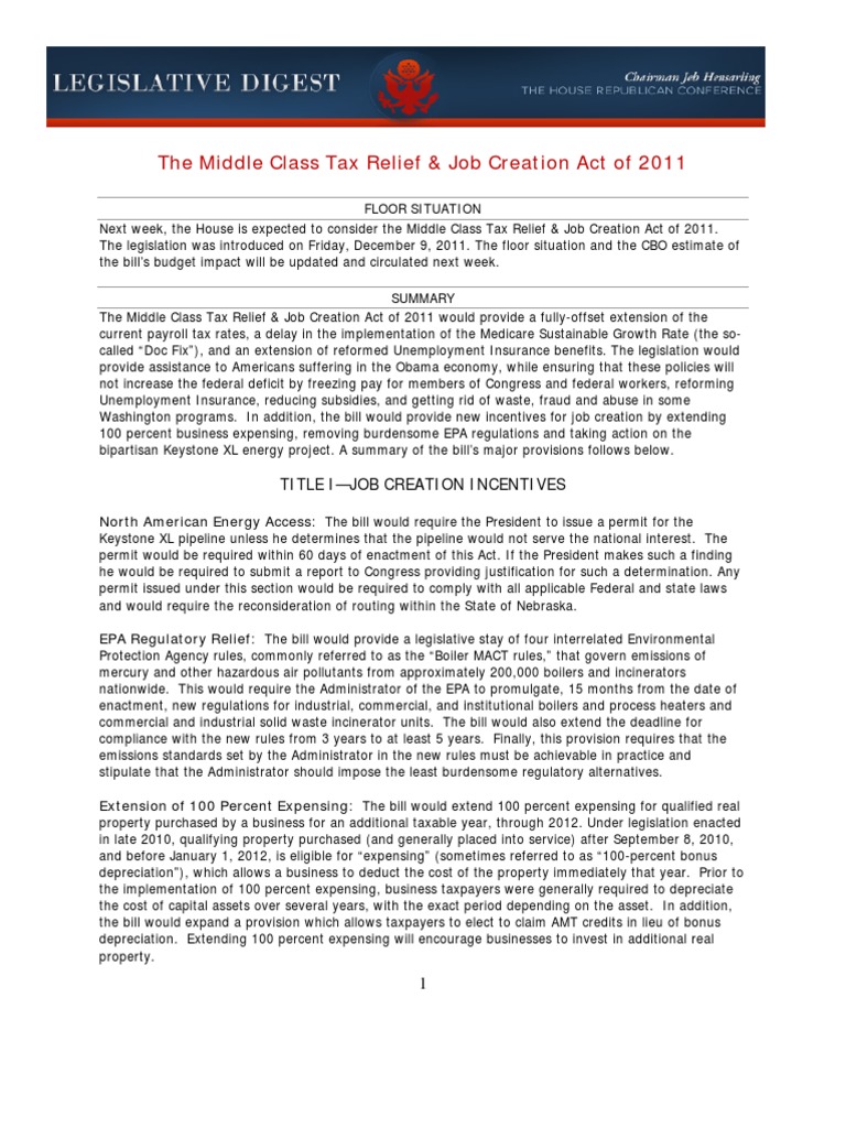 Legislative Digest - The Middle Class Tax Relief Job Creation Act of ...