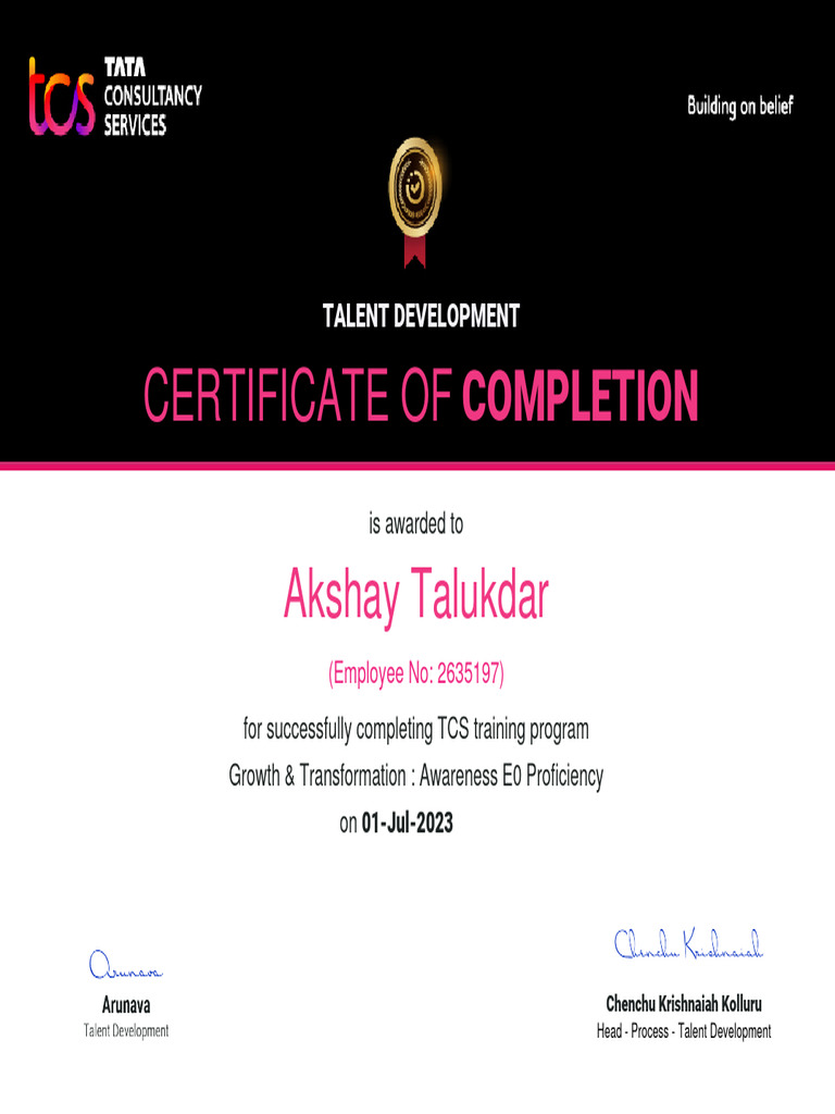TCS Training Completion Certificate | PDF | Business
