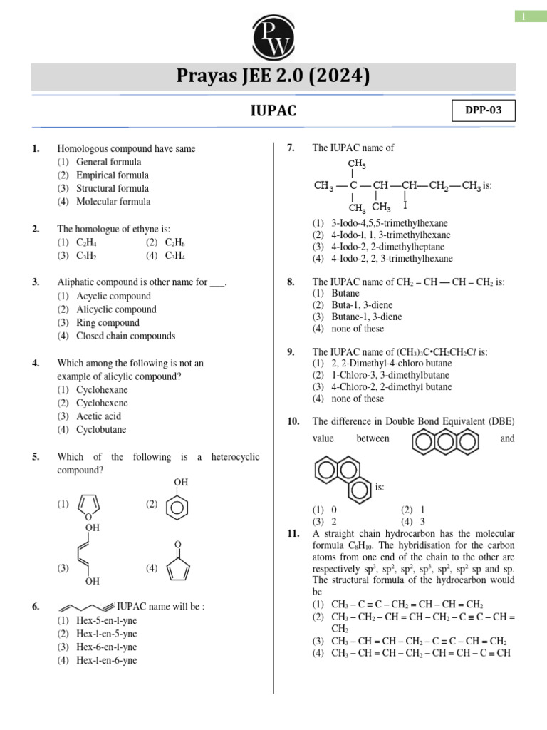 Iupac - DPP 03 - Jee 2.0 2024 | PDF | Chemistry | Organic Chemistry