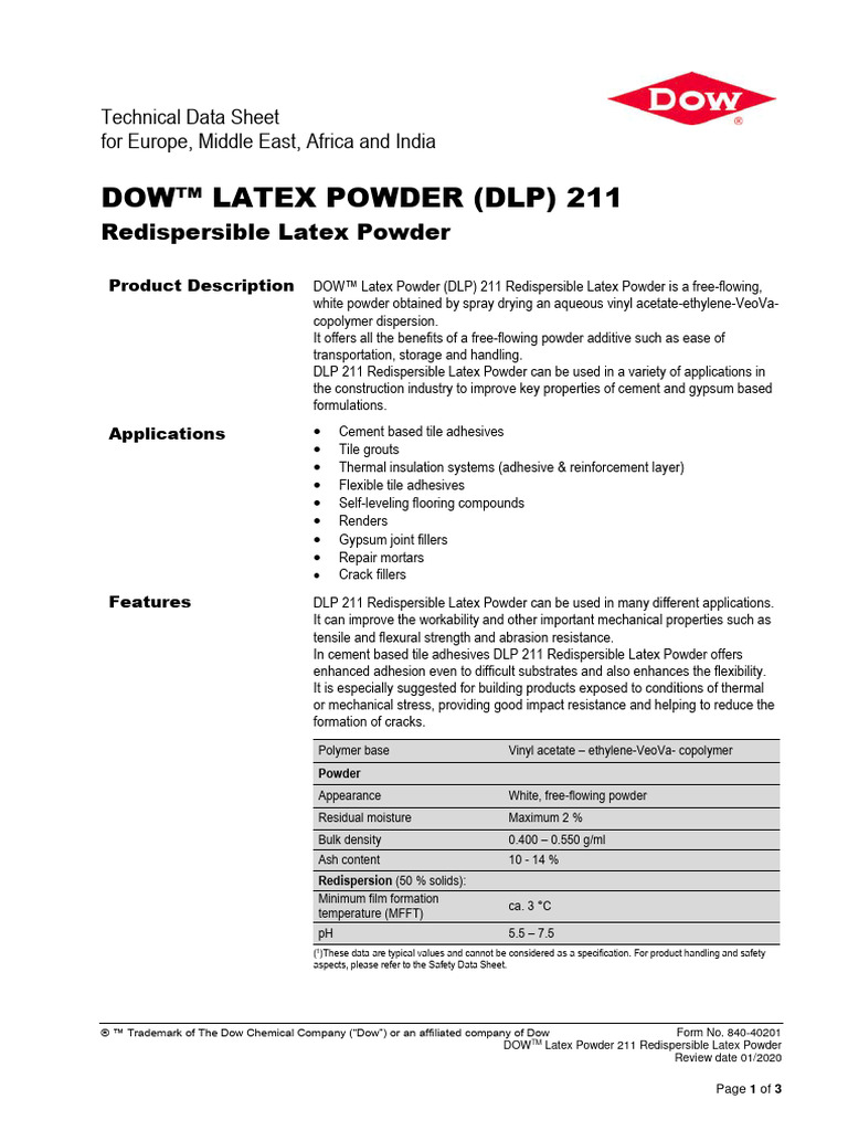 840 40201 01 Dow Latex Powder DLP 211 Redispersible Latex Powder Tds ...