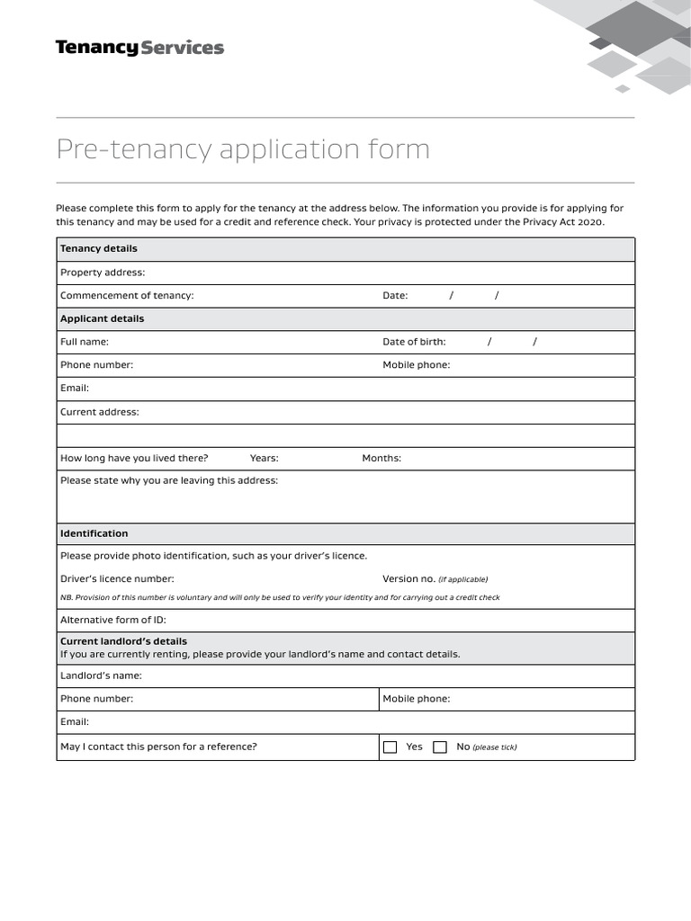 Pre Tenancy Application Form | PDF | Identity Document | Credit History