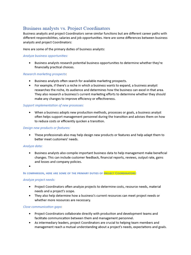 Role Comparison Business Analysts Vs Project Coordinators | PDF ...