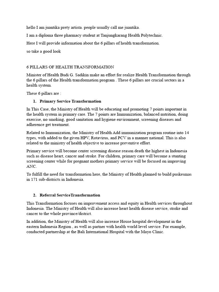 6 Pillars of Health Transfomation Revised | PDF | Health Care | Medicine