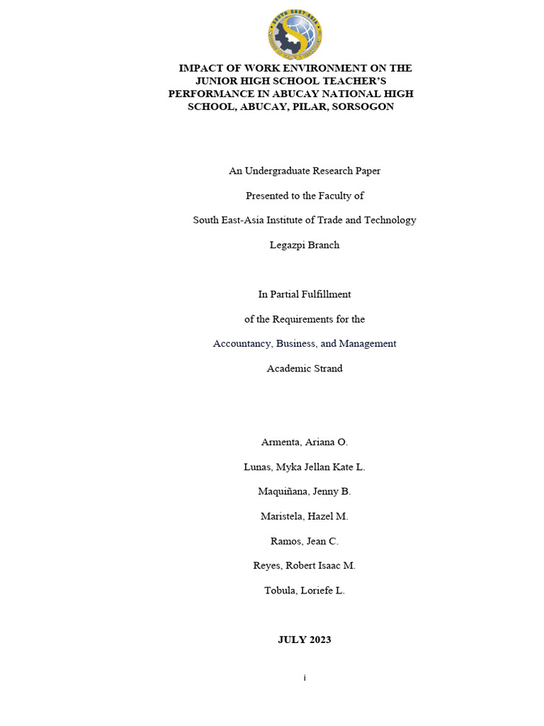Impact of Work Environment On The Junior High School Teacher Preliminaries | PDF | Job ...