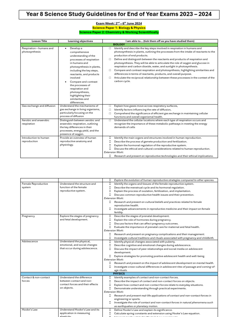 Year 8 Science Study Guidelines For End of Year Exams 2023 | PDF ...