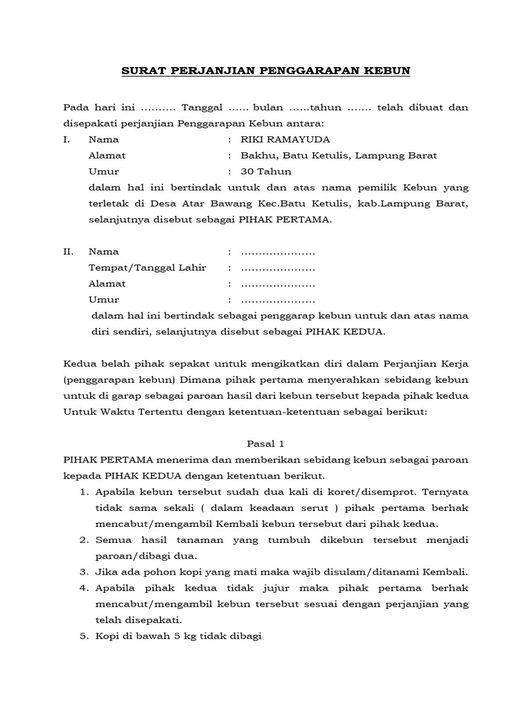 Surat Perjanjian Penggarapan Kebun | PDF