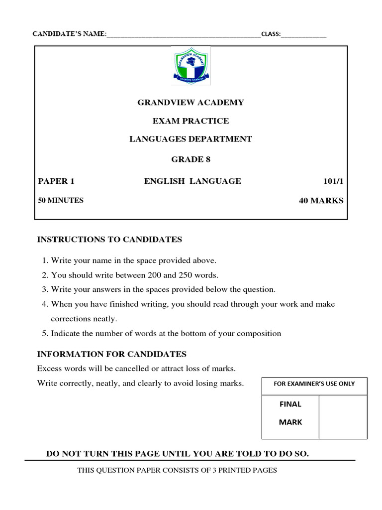 Grade 8 English Exam Practice 2020 | PDF | Question