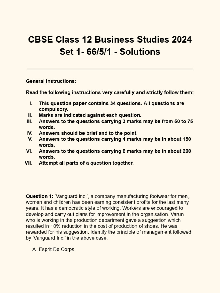 CBSE Class 12 Business Studies Question Paper 2024 Set 1 66-5-1 ...