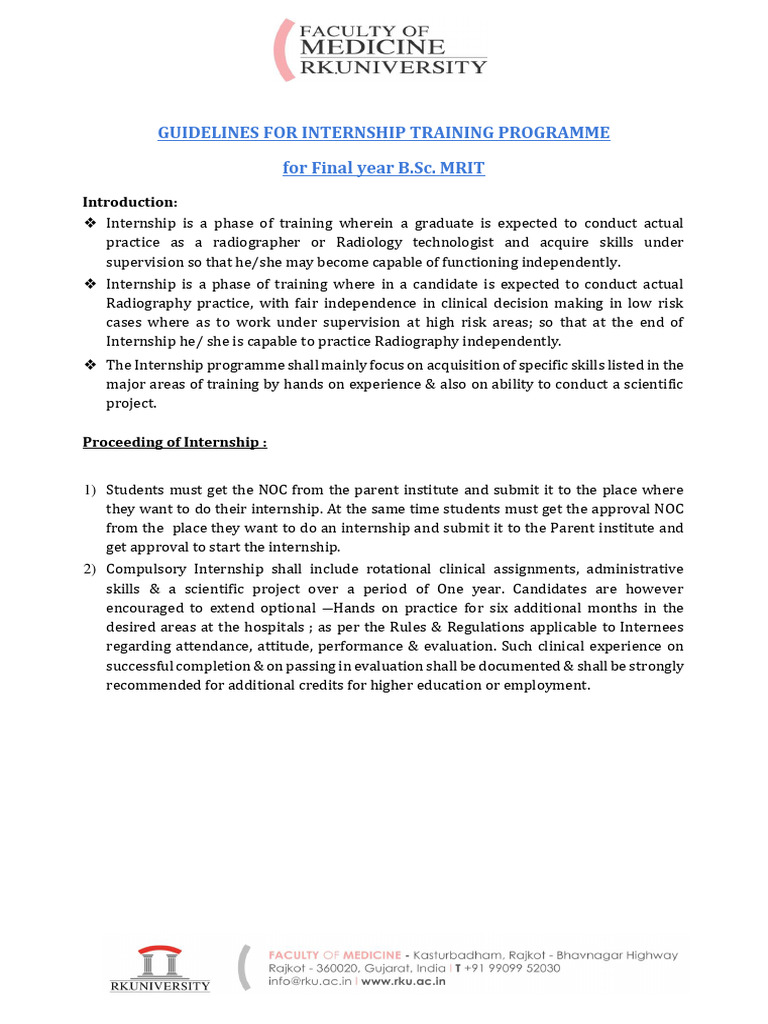 Guidelines For Internship Training Program B.SC - Mrit | PDF | Radiology | Medical Imaging