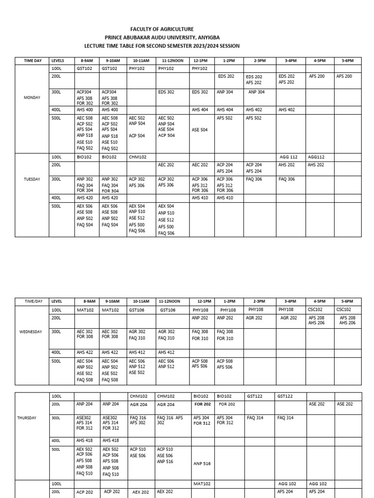 Tentative Second Semester Lecture Timetable24-1 | PDF | Agriculture