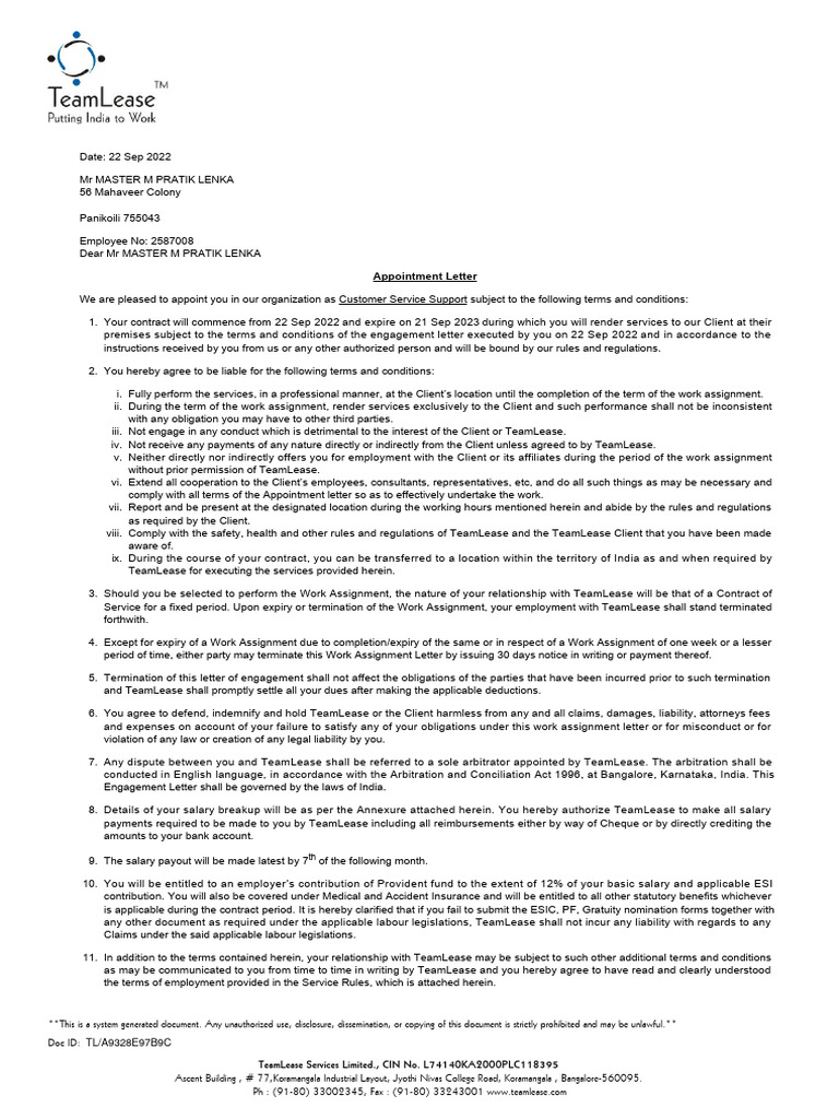 MASTERMPRATIKLENKA - 2587008 - OfferLetter - SBIMB 2022 09 21 20 10 01 773 | PDF | Employment ...