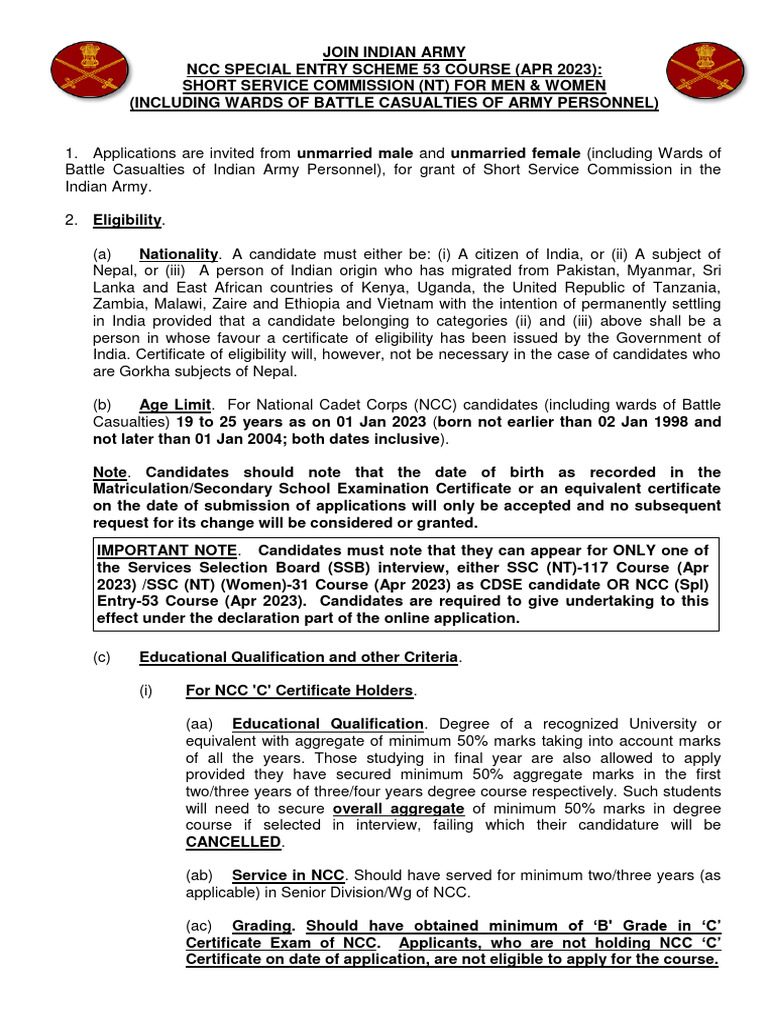 Notification Indian Army NCC Female 53 Stage Notice | PDF | Military ...