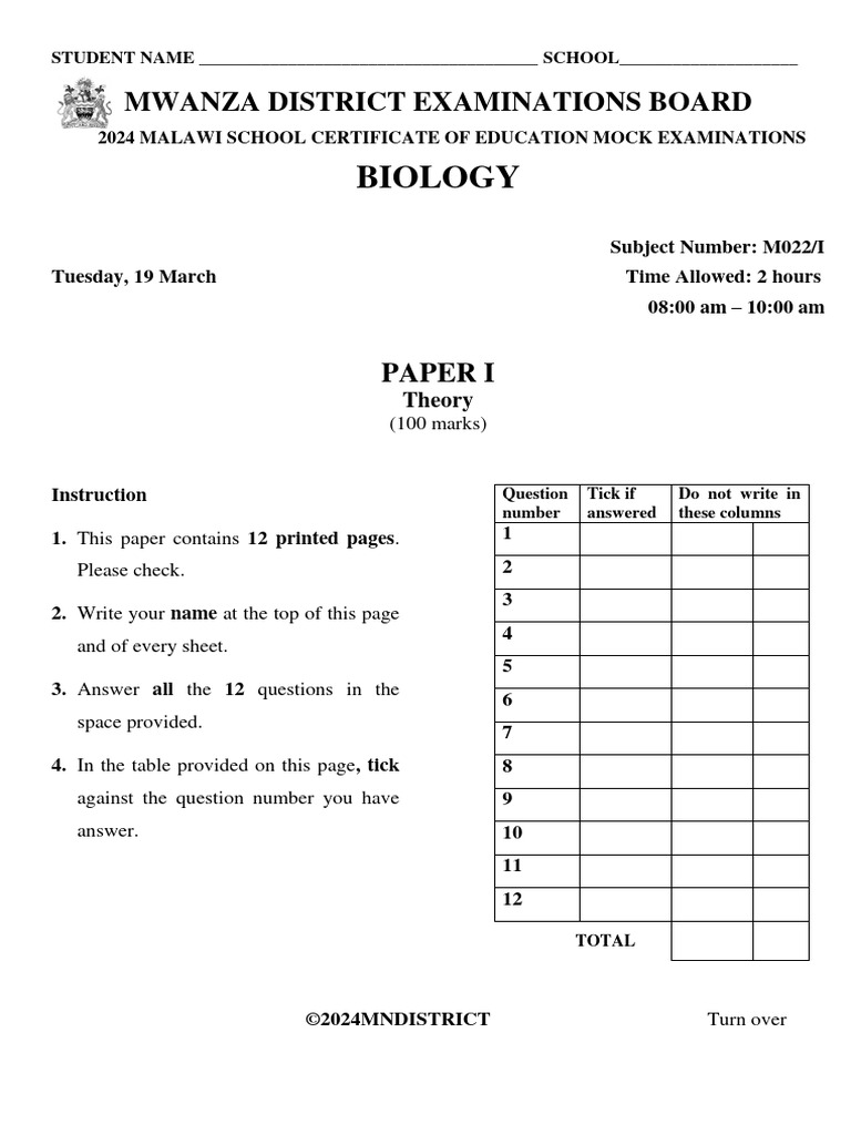 2024 Msce Bio Paper I Mwanza Cluster Mock | PDF | Sugar | Diet & Nutrition