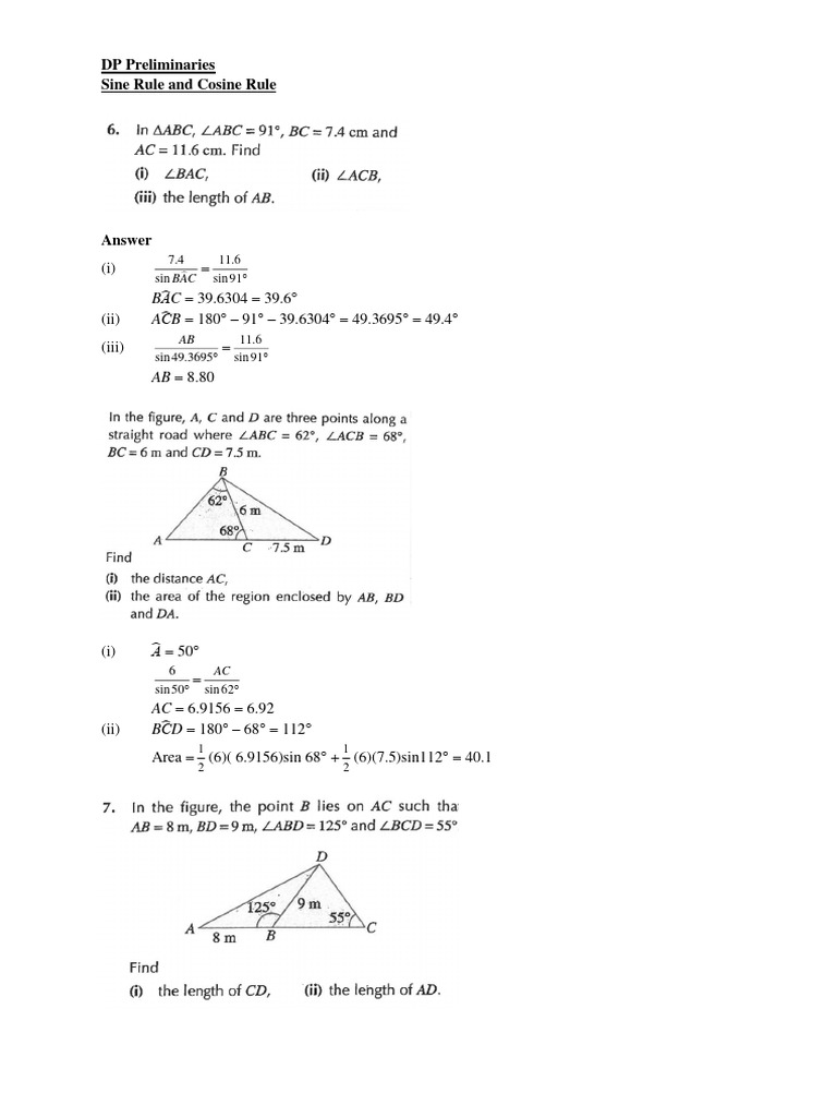 Sine and Cosine Rule Calculations | PDF | Mathematical Analysis | Euclid