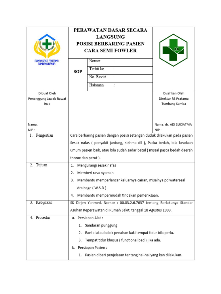 Sop Posisi Berbaring Pasien Cara Semi Fowler | PDF