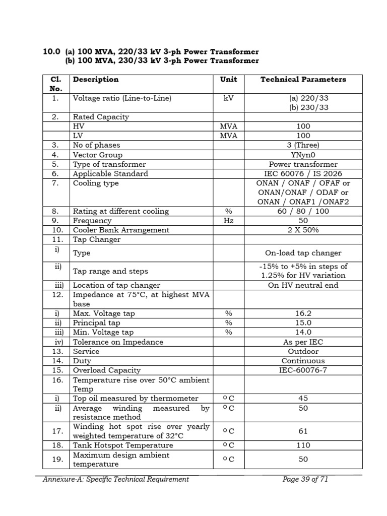 100 MVA Transformer Technical Specs | PDF | Transformer | Electrical ...