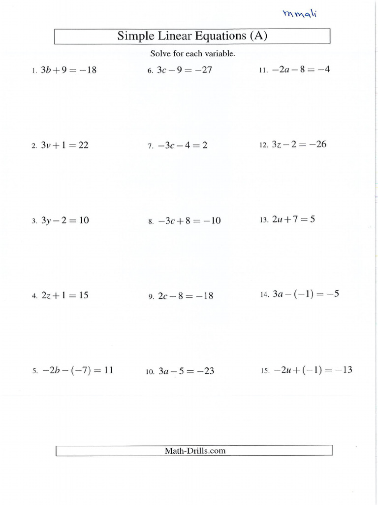 SIMPLE LINEAR EQUATION - Mmali | PDF