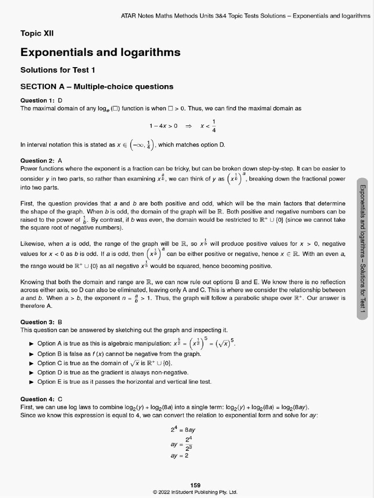 ATAR Notes Test 1&2 Exponentials and Logs Solutions | PDF