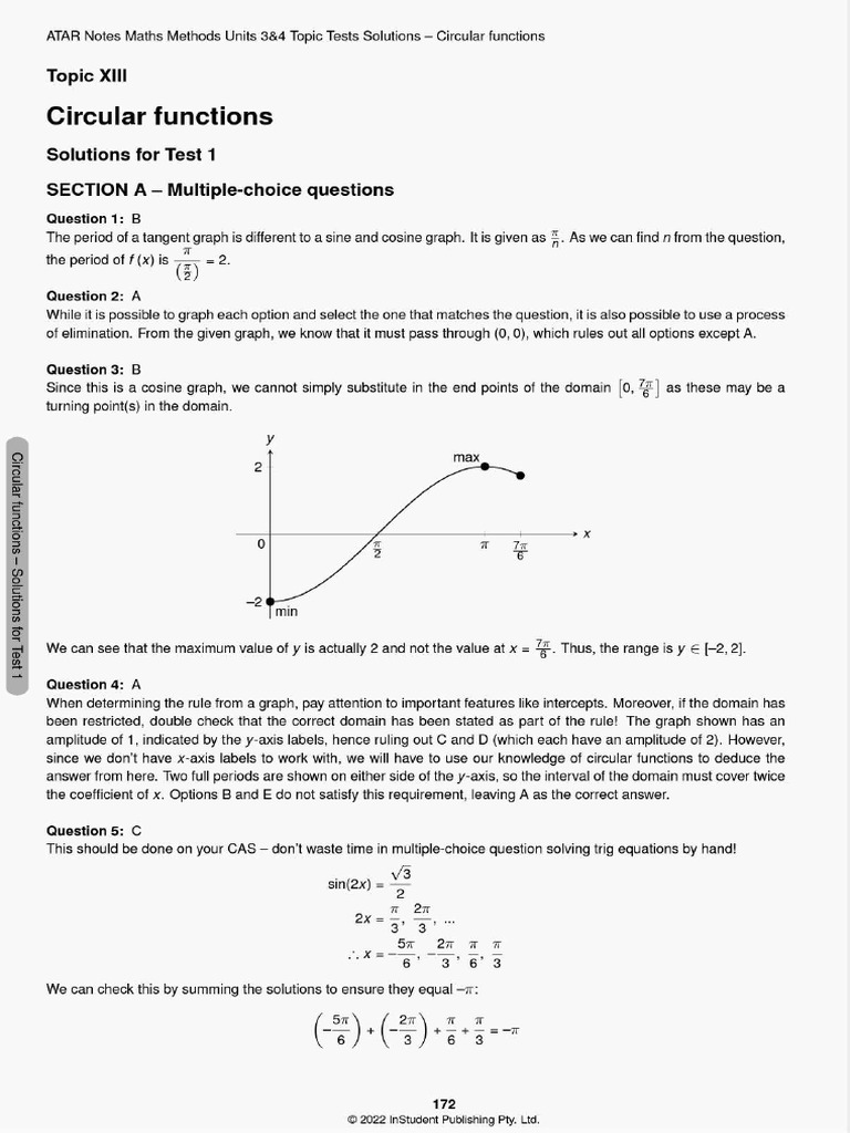 ATAR Notes Test 1&2 Circular Functions Solutions | PDF