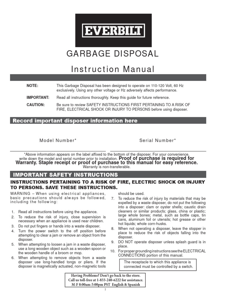 Instruction Manual Garbage Disposal: Record Important Disposer ...