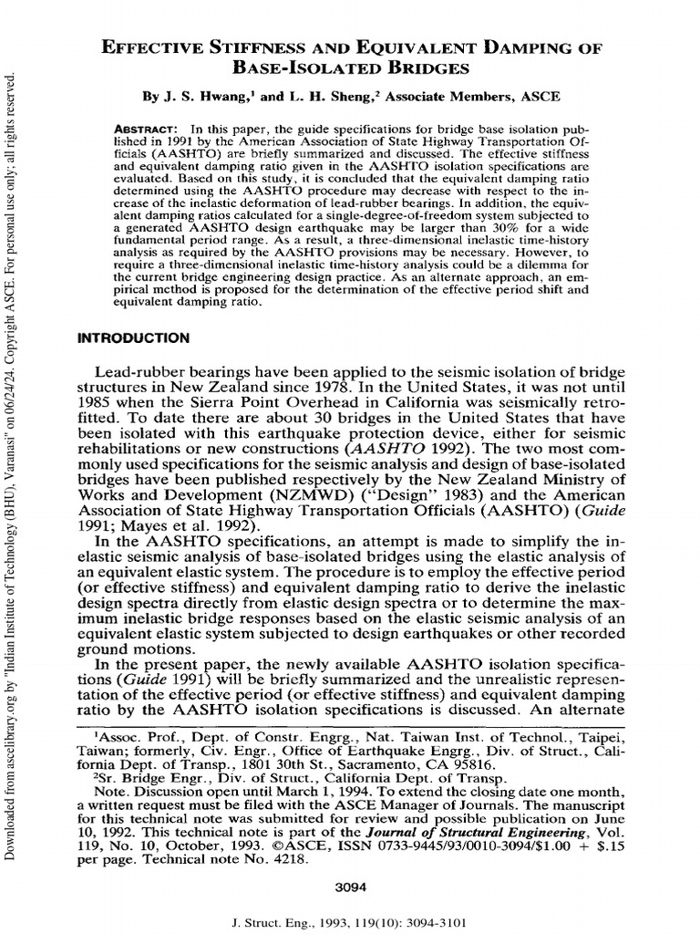 Hwang Sheng 1993 Effective Stiffness and Equivalent Damping of Base Isolated Bridges | PDF ...