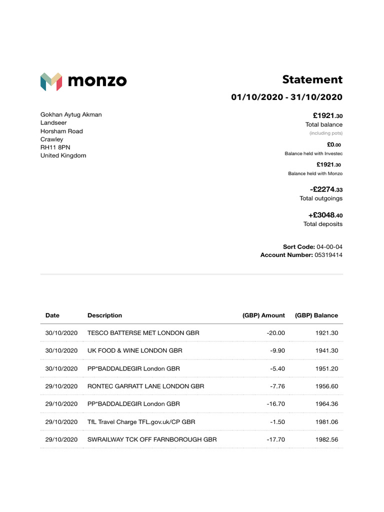 Monzo Bank Statement 2020 11 16 153811 | PDF | Payments | Service ...