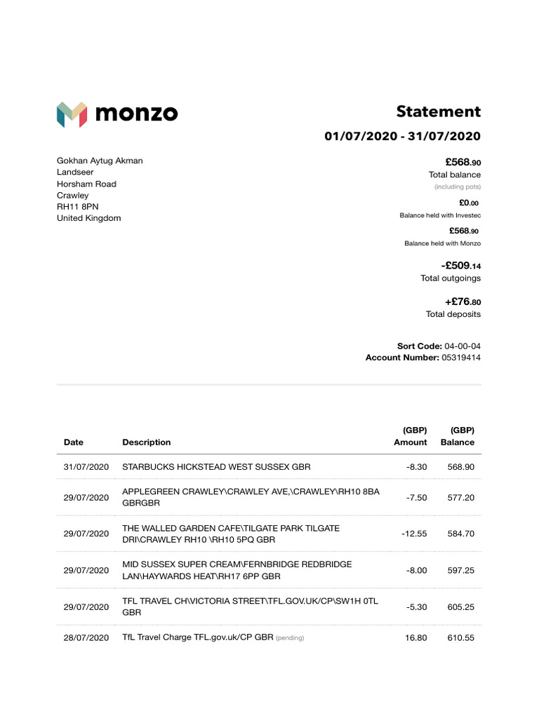 Monzo Bank Statement 2020 11 16 142903 | PDF | Banking | Financial ...
