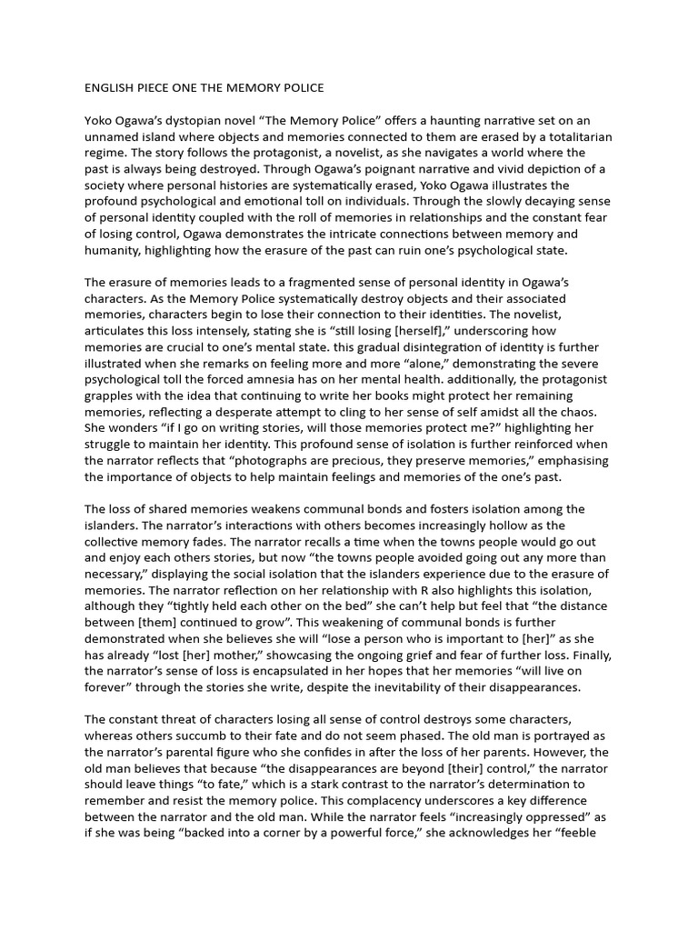 English Piece One The Memory Police | PDF | Memory | Identity (Social ...