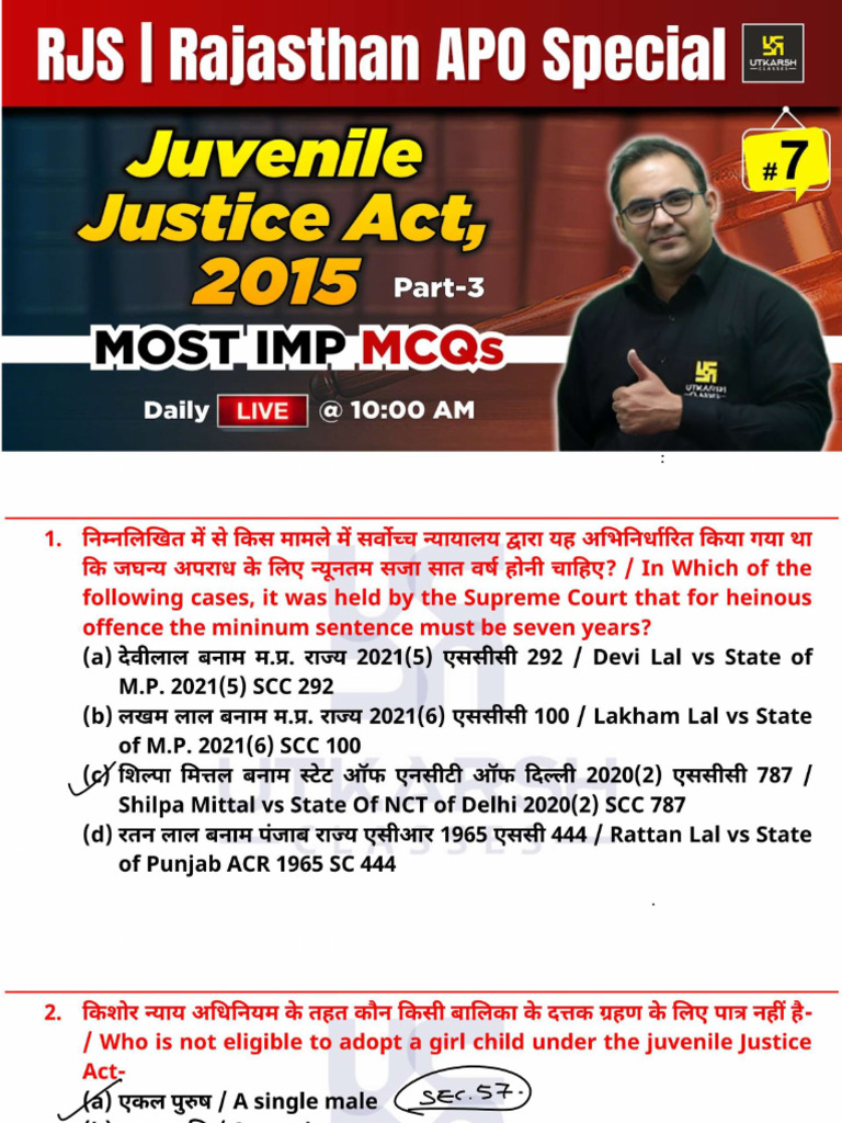 RJS 2024 RPSC APO 2024 Juvenile Justice Act 2015 Imp MCQs L 7 by | PDF
