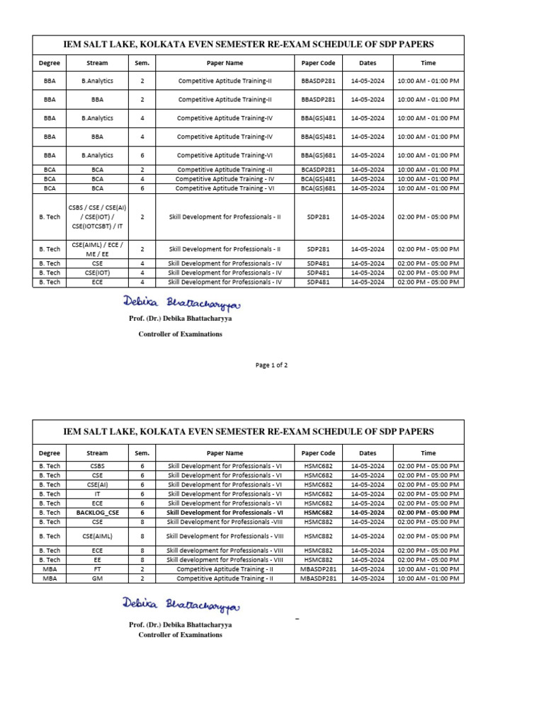 SDP Re-Exam Schedule 2024 (IEM KOLKATA, SALT LAKE CAMPUS) | PDF SDP Re-Exam Schedule 2024 (IEM KOLKATA, SALT LAKE CAMPUS) | PDF
