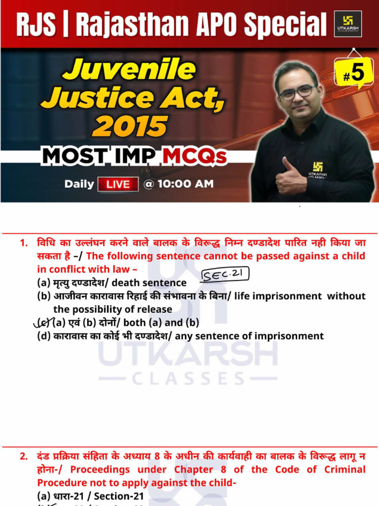 RJS 2024 RPSC APO 2024 Juvenile Justice Act 2015 Imp MCQs L 5 by | PDF