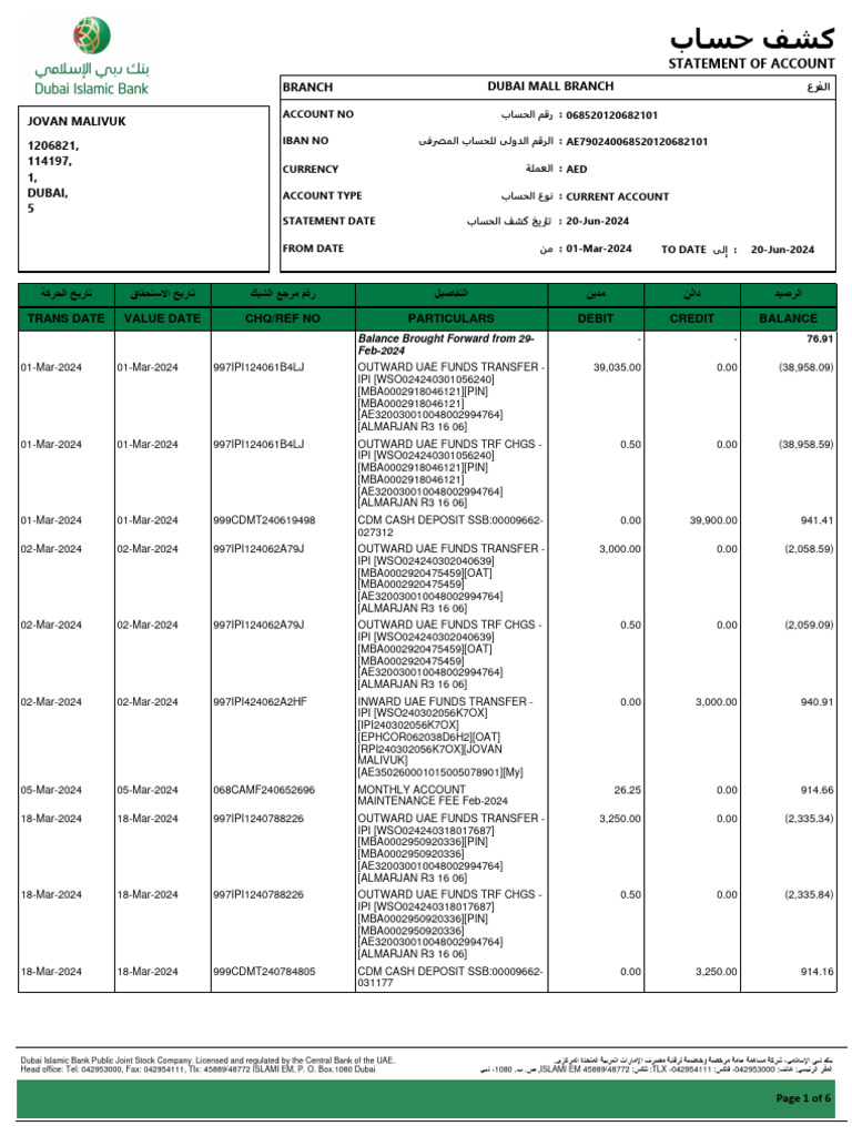 Statement of Account - DIB | PDF | Banks | Transaction Account