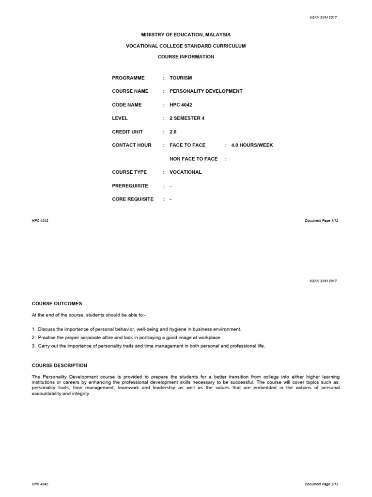 HPC 4042 Personality Development | PDF | Hygiene | Vocational Education