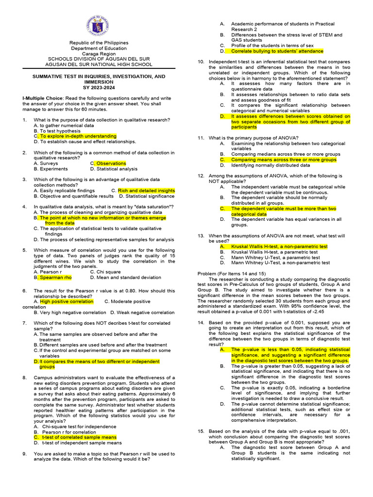 Summative Test Iii Fourth Quarter Answer Key | PDF | Statistics | P Value
