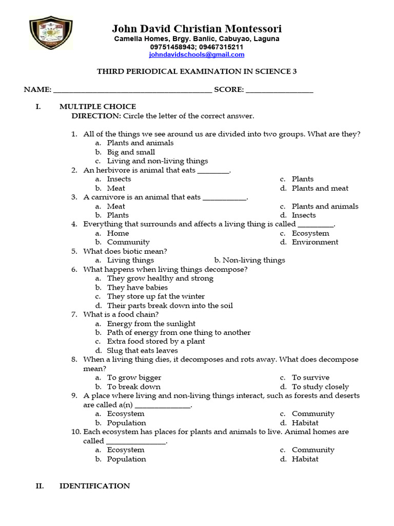 Third Periodical Examination in Science 3 | PDF | Ecosystem | Plants