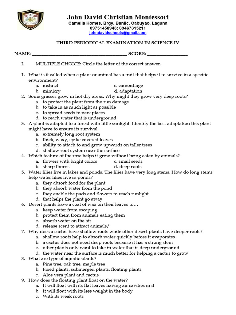 Science IV Periodical Exam Review | PDF | Root | Plants