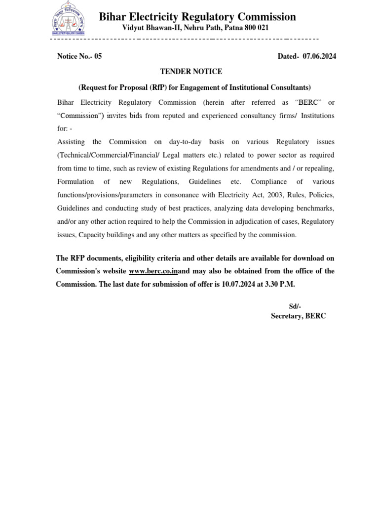 Bihar Electricity Regulatory Commission RFP for Consultancy Services | PDF | Regulatory ...