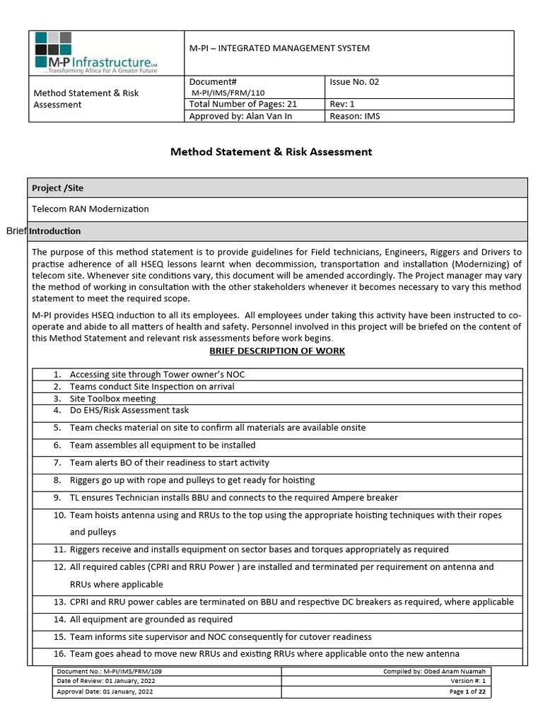 Telecom RAN Modernization Risk Assessment | PDF | Personal Protective ...