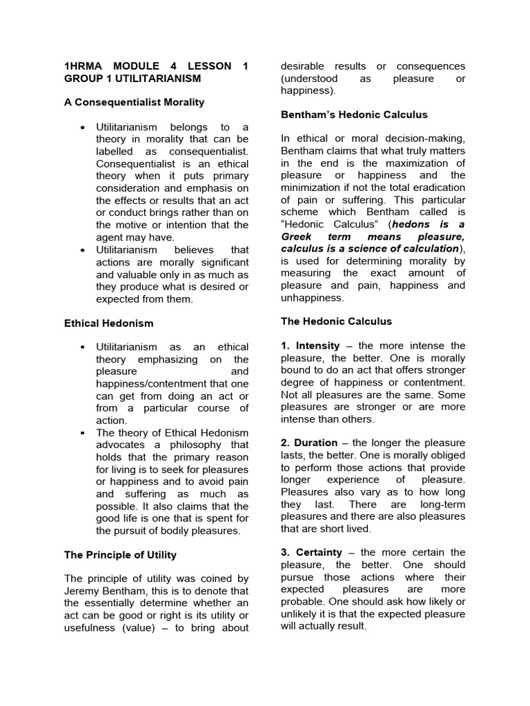 1hrma Module 4 Lesson 1 Group 1 Utilitarianism | PDF | Pleasure ...