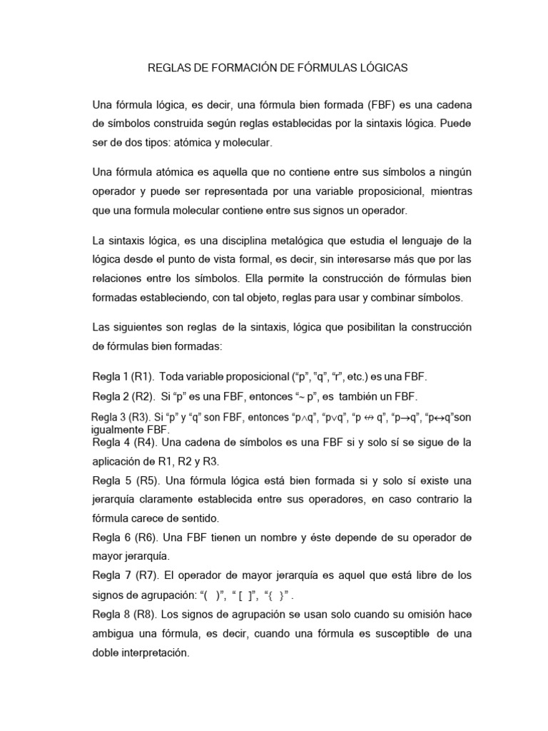 Reglas de Formación de Fórmulas Lógicas | PDF