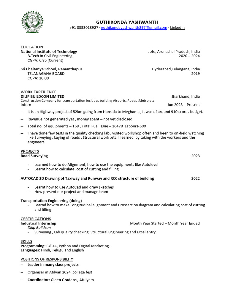 Resume - NIT Arunachal Pradesh | PDF