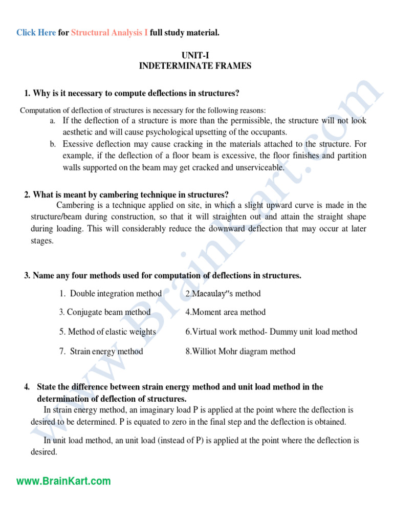 Structural Analysis I - Important Questions - Bin-1 | PDF | Truss | Bending