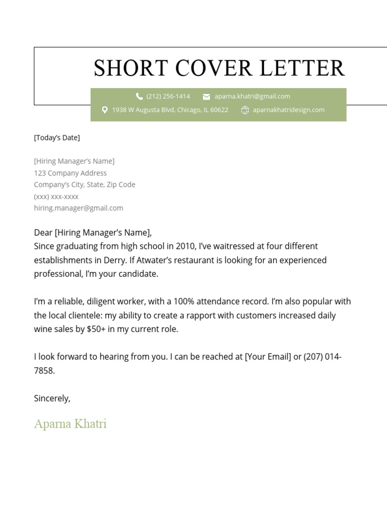 Short Cover Letter Example Waiter | PDF | Business