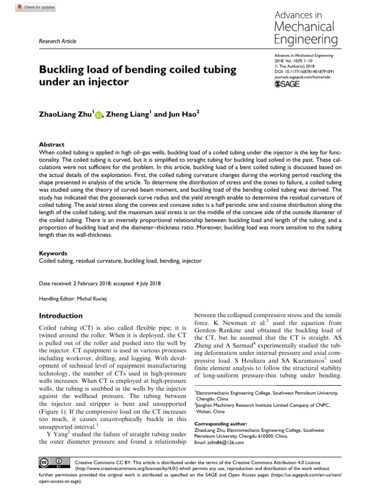 Zhu Et Al 2018 Buckling Load of Bending Coiled Tubing Under An Injector | PDF | Deformation ...