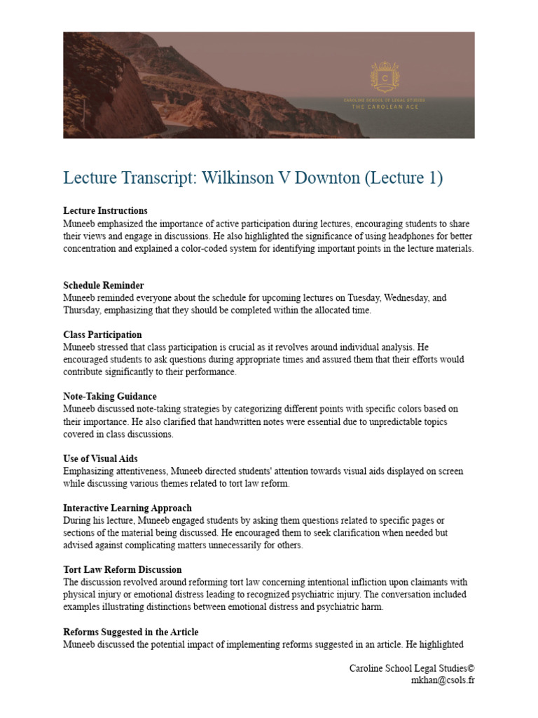 Wilkinson Lecture Transcript | PDF | Tort | Intentional Infliction Of ...