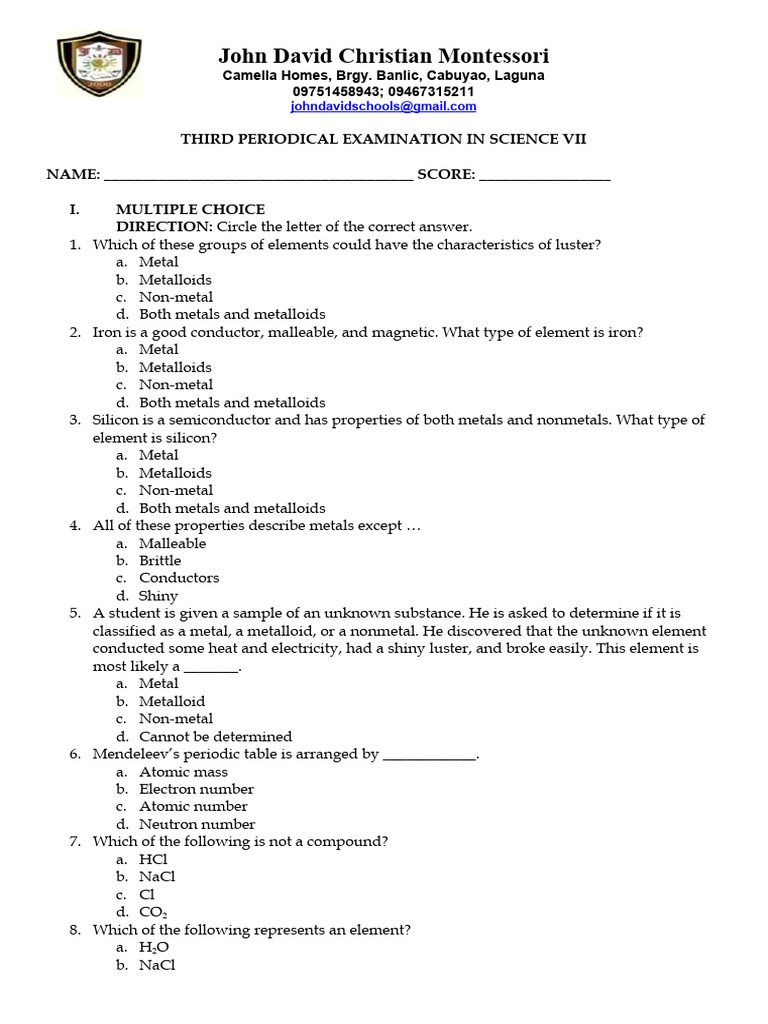 Third Periodical Examination in Science Vii | PDF | Metals | Chemical ...