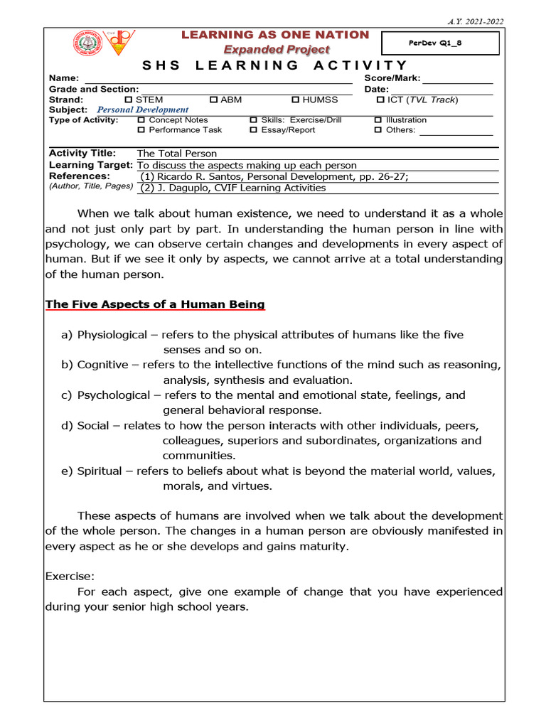LAS 8 The Total Person | PDF | Learning | Psychology