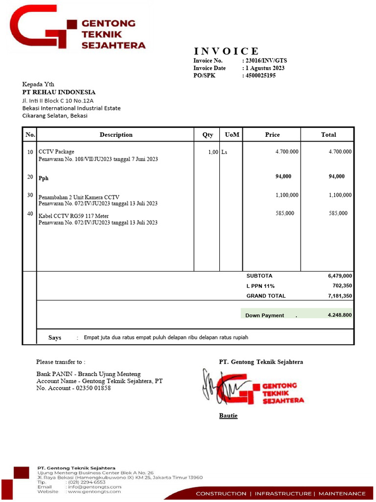 Invoice CCTV PT Rehau Indonesia 2023 | PDF