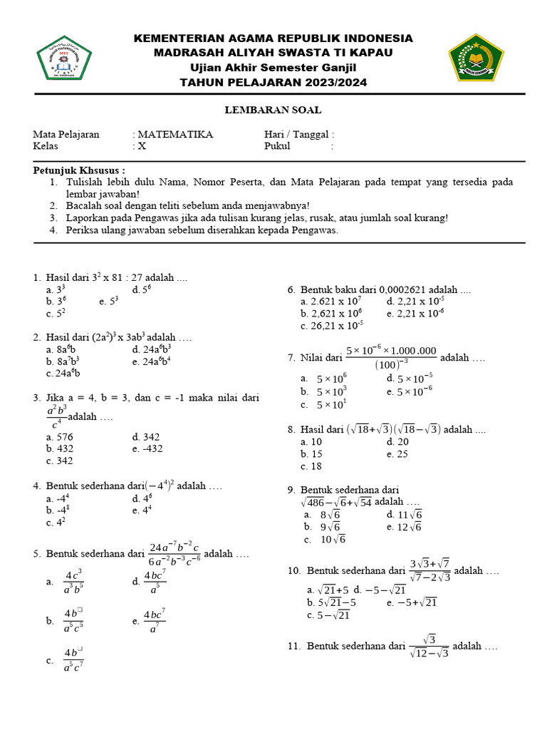 Soal MTK KLS X Kumer | PDF