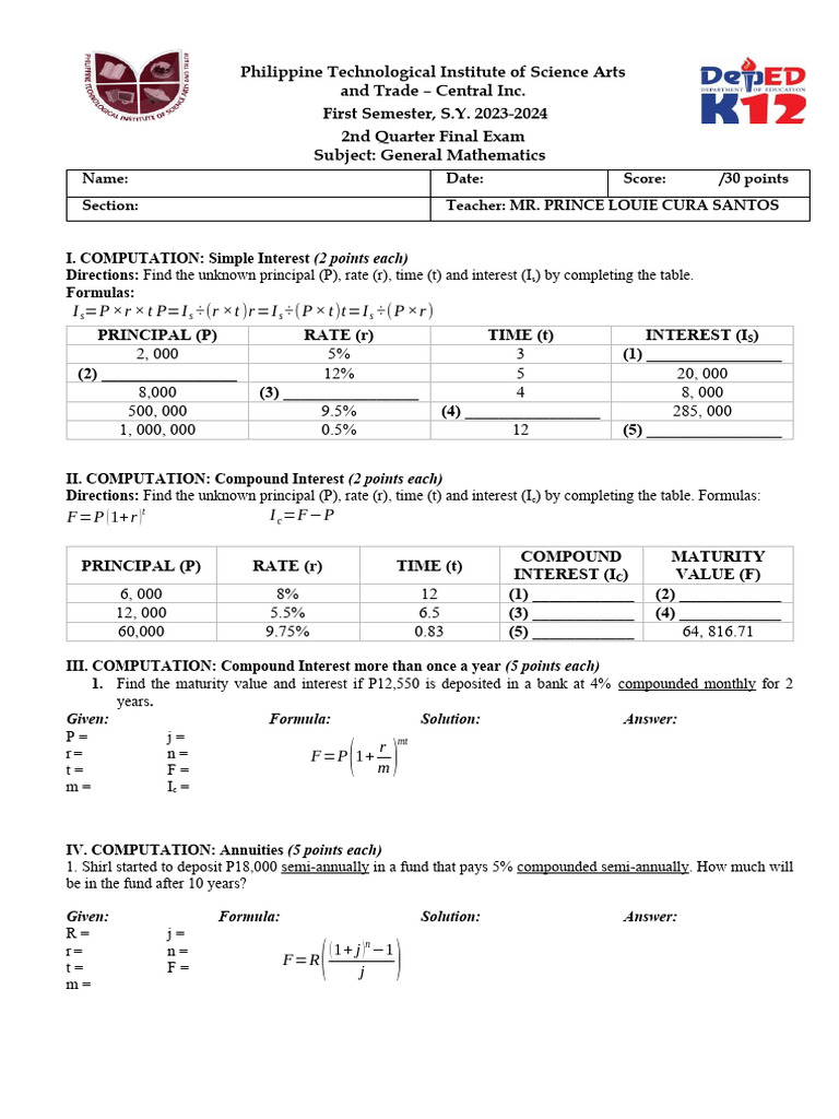 General Mathematics Final Exam 2023-2024 | PDF | Interest | Compound ...